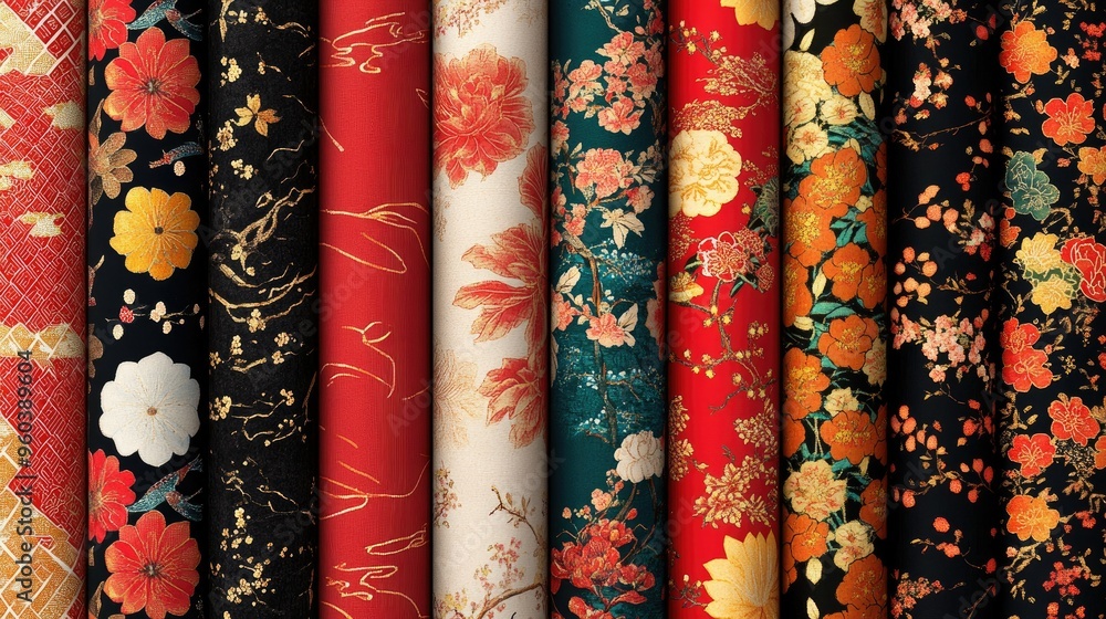 A collection of high-resolution Chinese fabric patterns, displaying ...