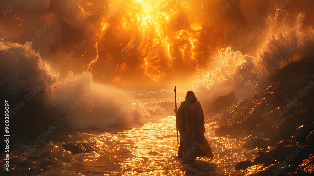 Show the awe-inspiring image of Moses guiding the Israelites through ...