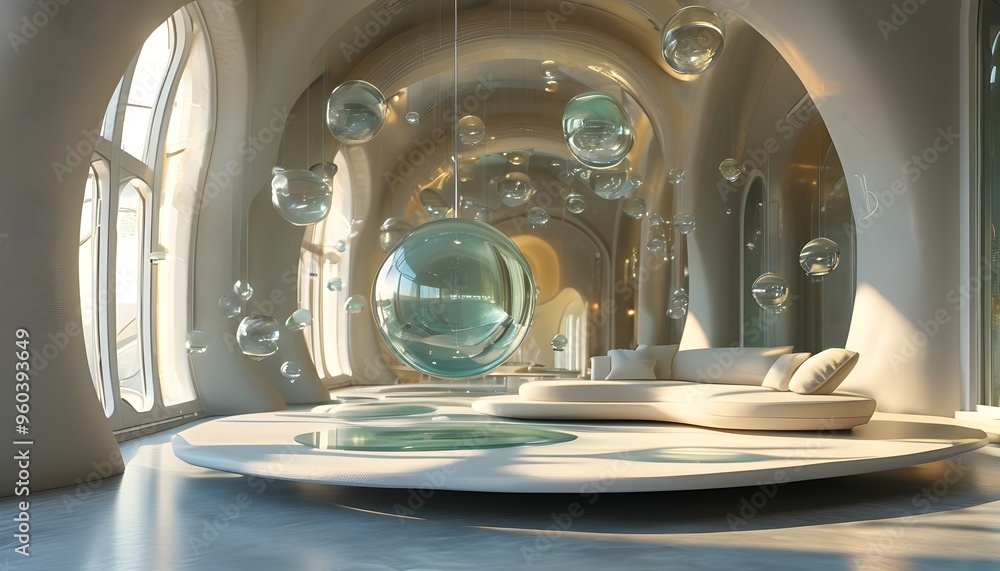 Dreamlike futuristic interior featuring floating glass spheres, elegant ...