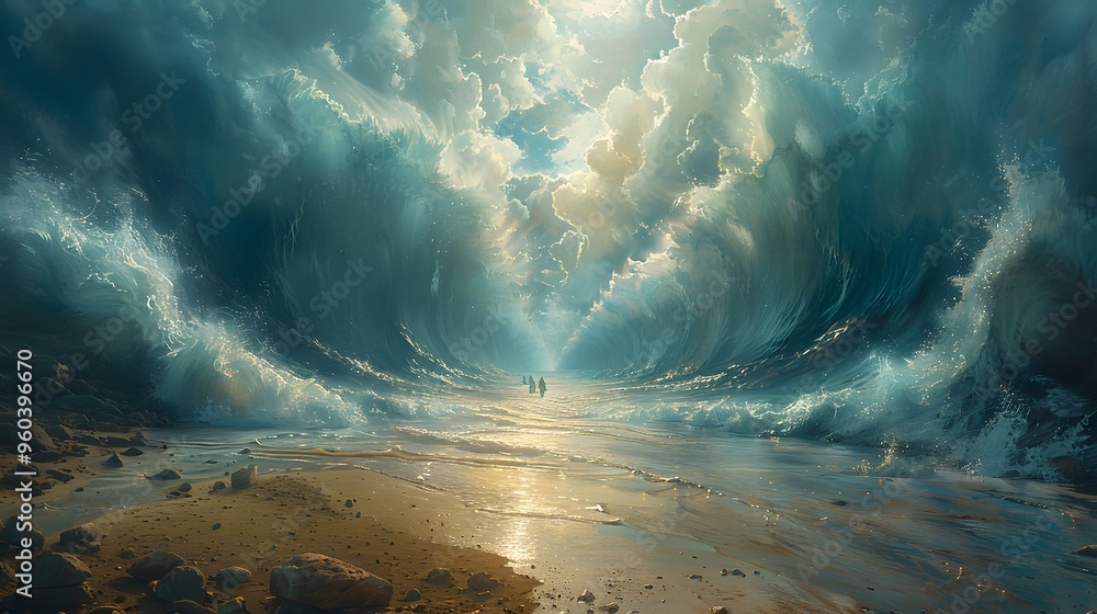 Visualize the dry pathway created by Moses parting the Red Sea, the ...