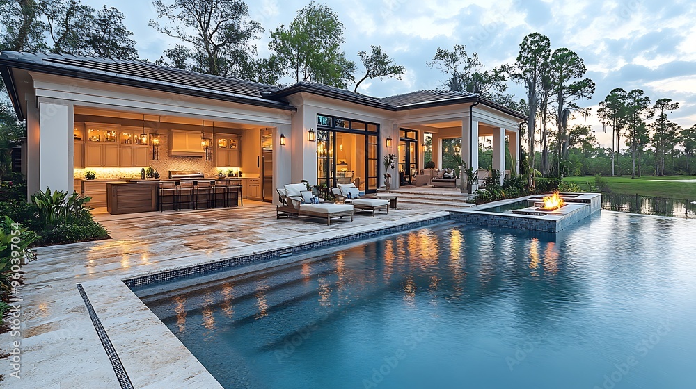 A luxurious resort-style patio with smooth travertine pavers, a plush ...