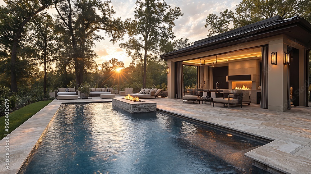 Foto de A poolside luxury resort patio with travertine pavers, a plush ...