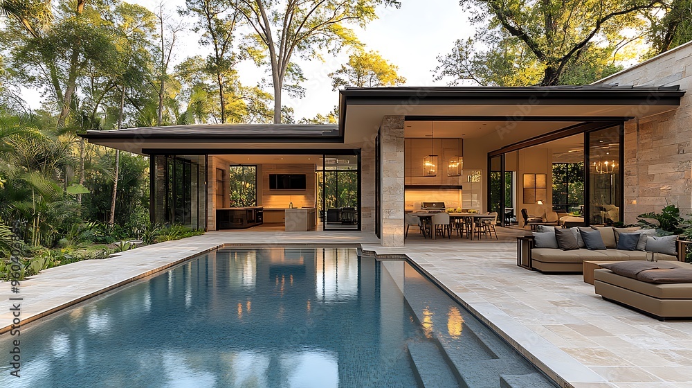 A serene luxury resort with travertine pavers surrounding a sparkling ...