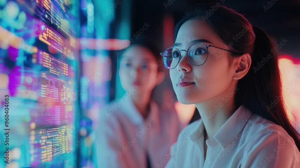 Scene of Asian women in a tech company, integrating new technologies ...
