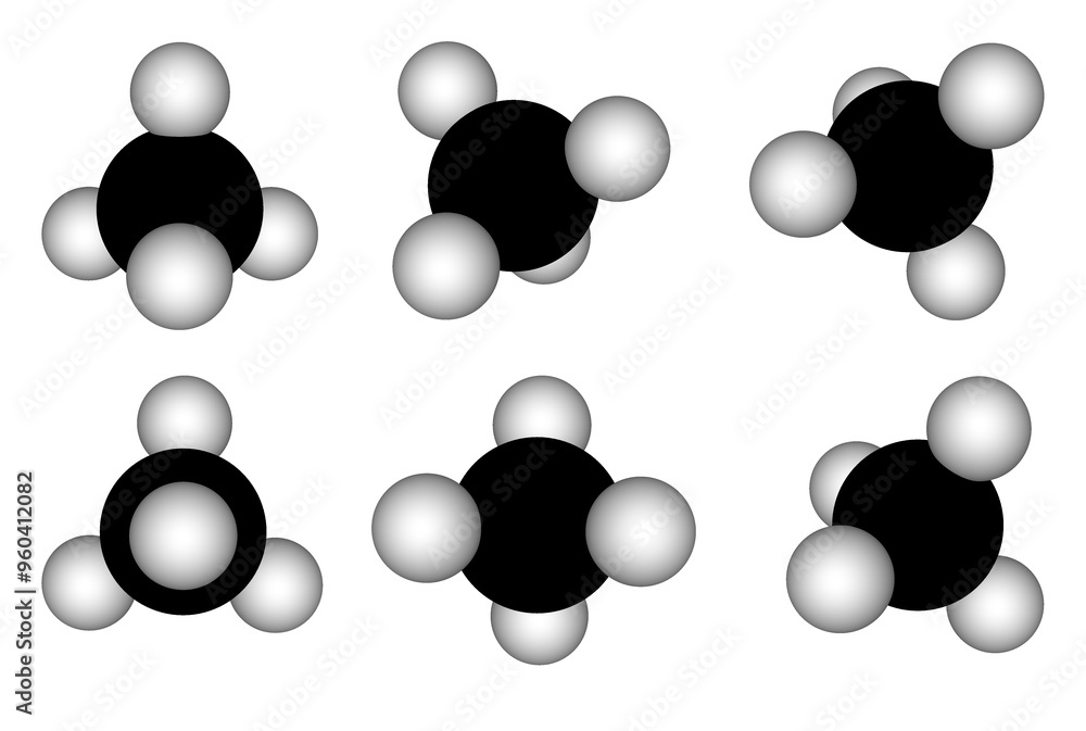CH4 molecule model in different angle orientation, 3d rendering of ...