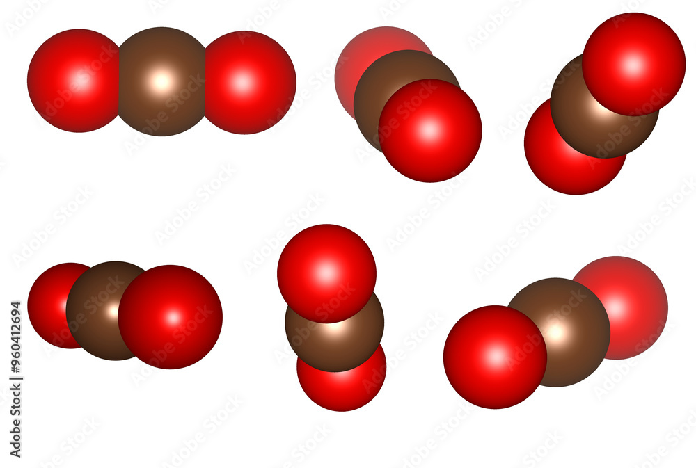3D carbon dioxide molecule model in different angle orientation, atoms ...