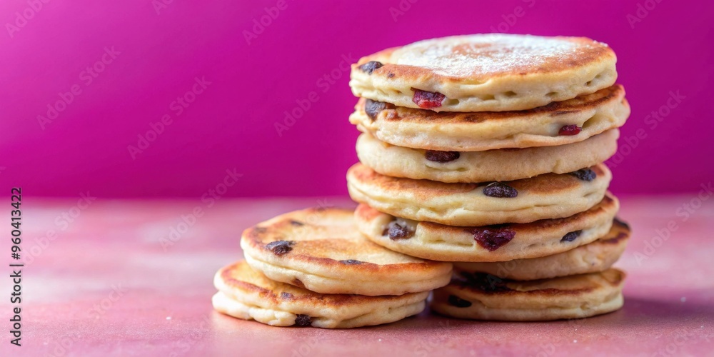 Stack of traditional welsh cakes on vibrant pink background with ...