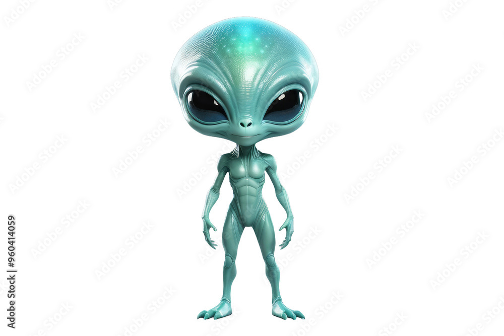 Small alien with a subtle grin, full body stance, isolated on a ...