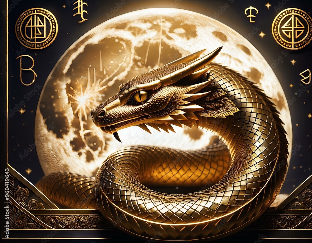 golden serpent intertwined with intricate symbols and runes ...