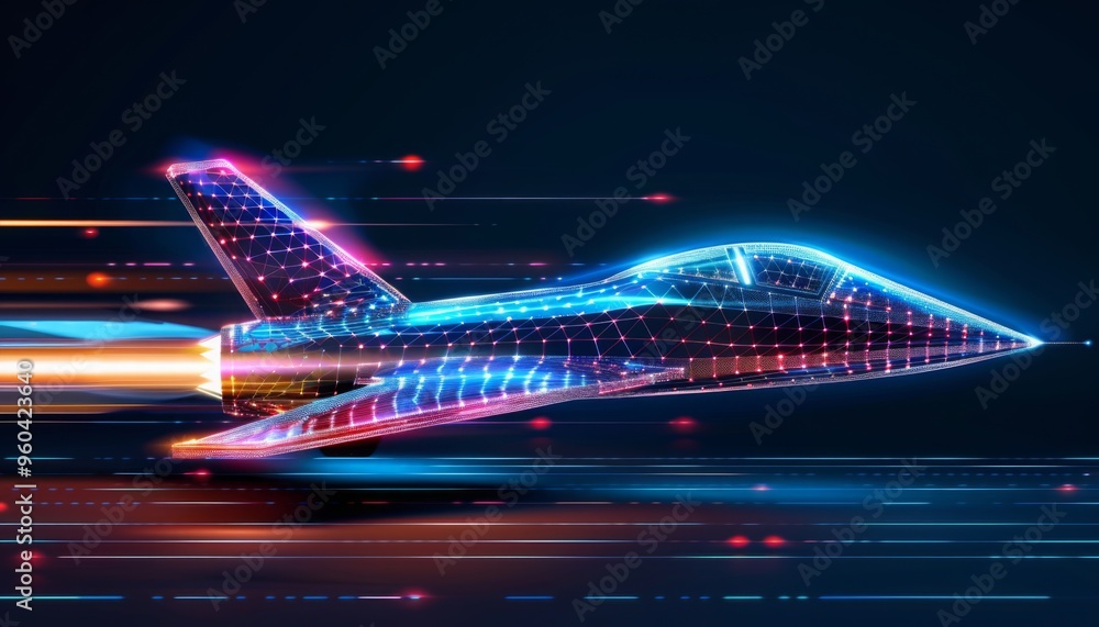 Digital high-speed fighter jet in low poly wireframe, smart Advanced ...