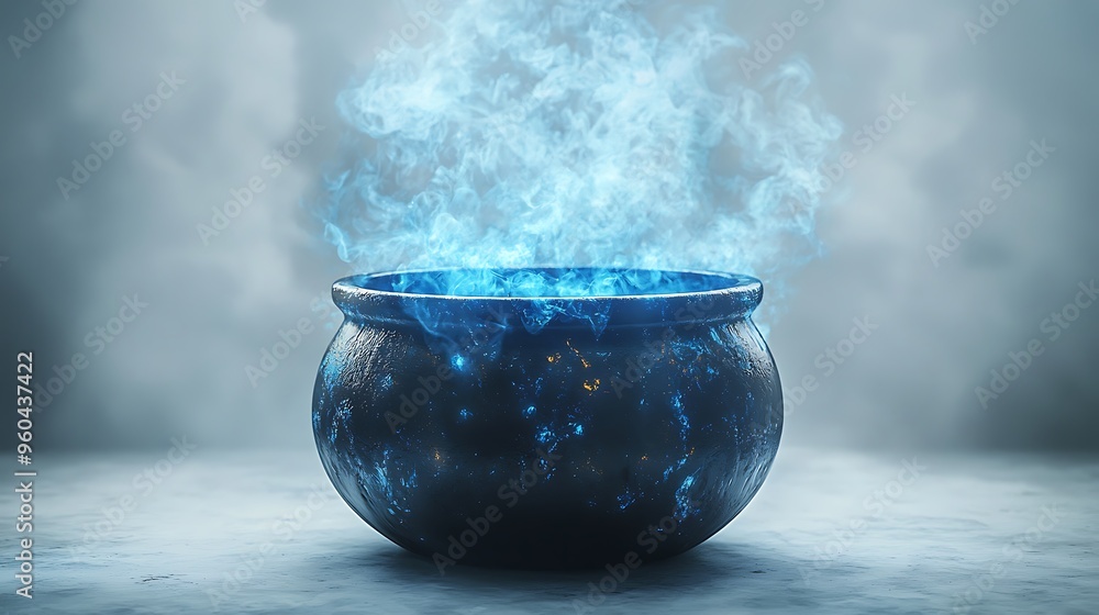 Magical blue smoke rises mysteriously from a black cauldron. Stock ...