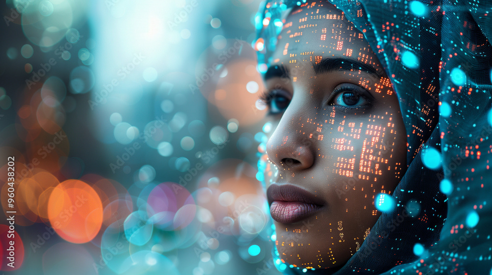 side profile portrait of an Arabian middle eastern female with a tech ...