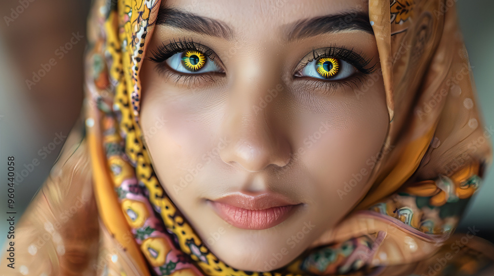 Beautiful Muslim Woman with Mesmerizing Yellow Eyes in a Vibrant Hijab ...