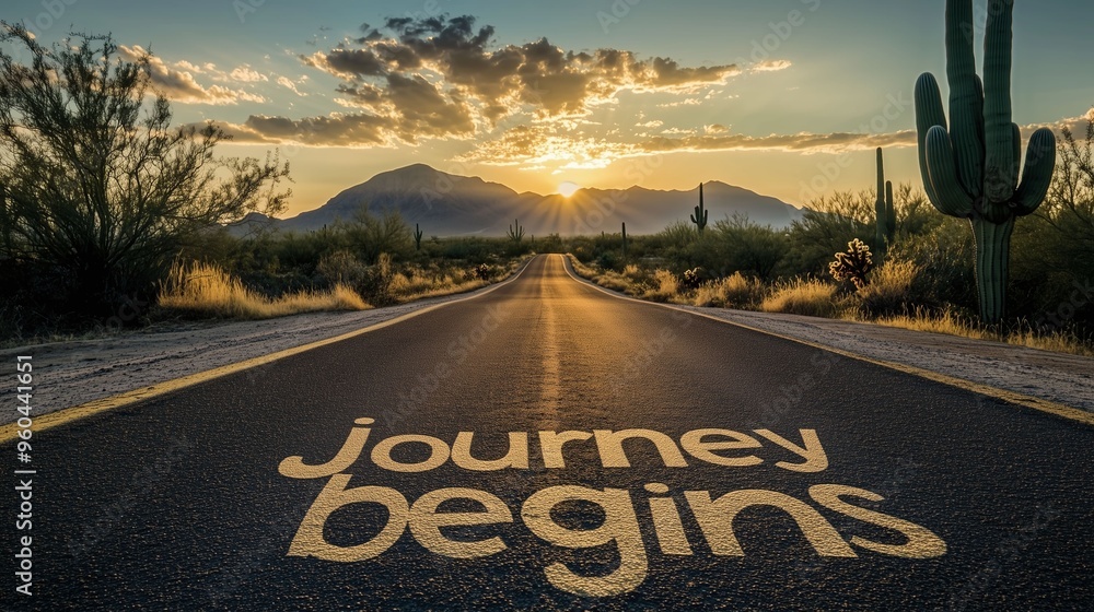 Journey begins text written on the asphalt road, concept for the start ...