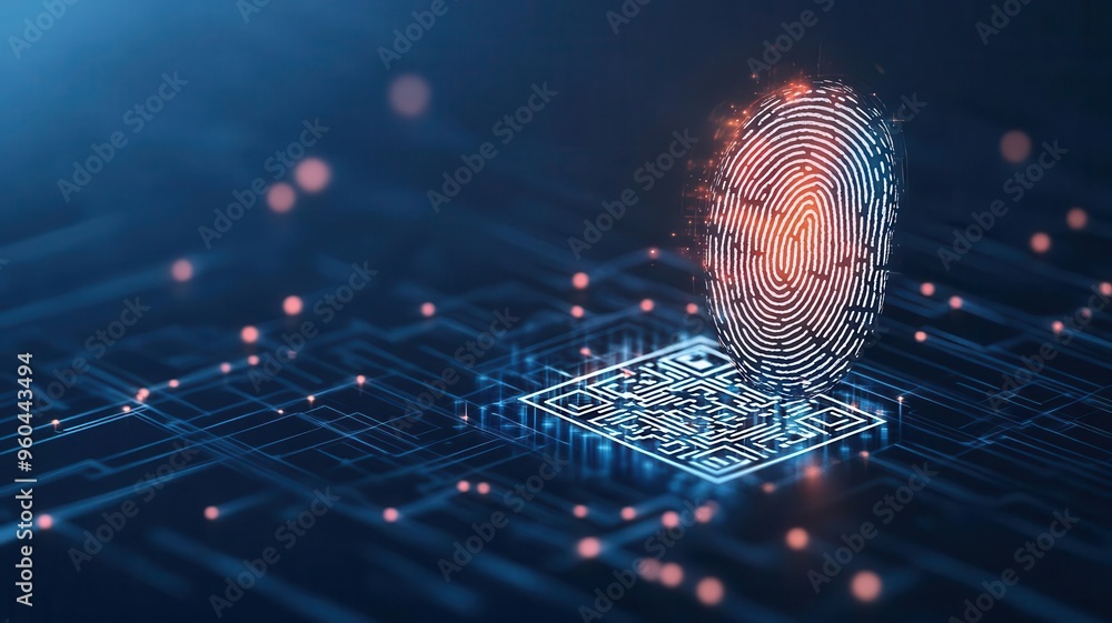 Fingerprint morphing into a QR code, representing digital ...