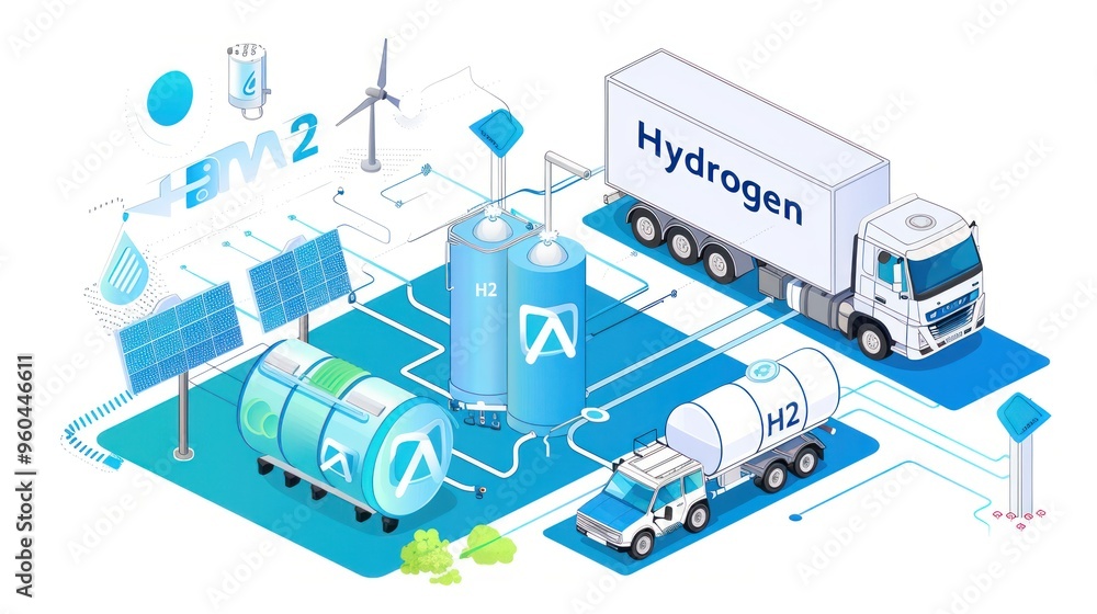 Isometric Hydrogen energy car. Alternative energy and zero emission. Hydrogen powered ...
