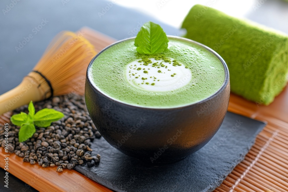 Japanese food, matcha latte, creamy green tea blends the earthy flavor ...