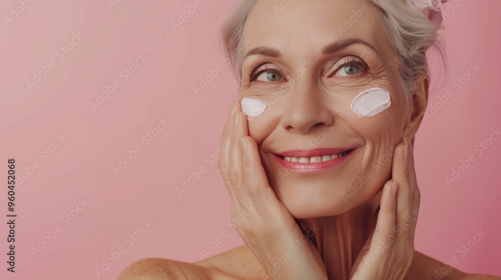 senior beautiful woman smile use cream for good skin. face of a healthy ...