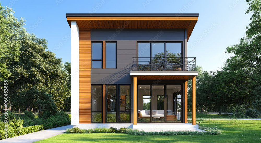 3D rendering of a small two-story house with a gable roof, light gray ...