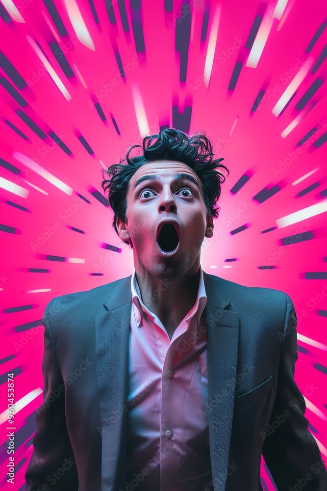 Man in a suit, shocked expression, vibrant pink burst background ...