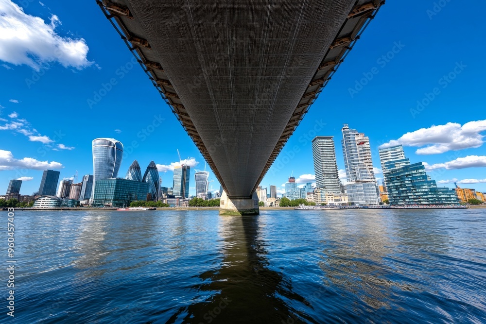 Panoramic photo, city bridge, spanning a river shows the engineering ...