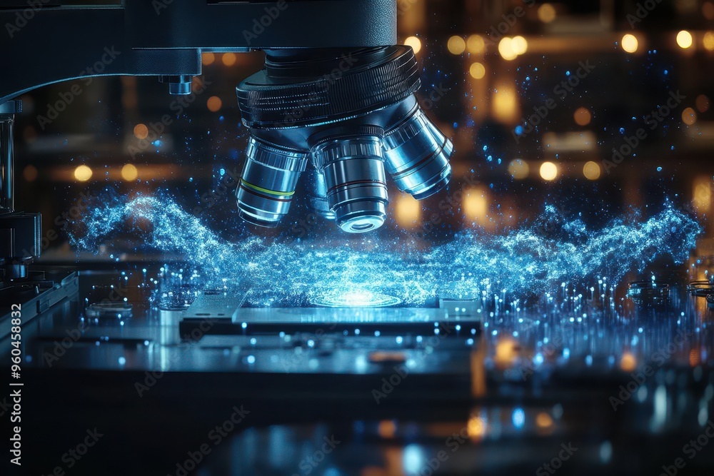 powerful microscope surrounded by glowing blue slides creating an ...