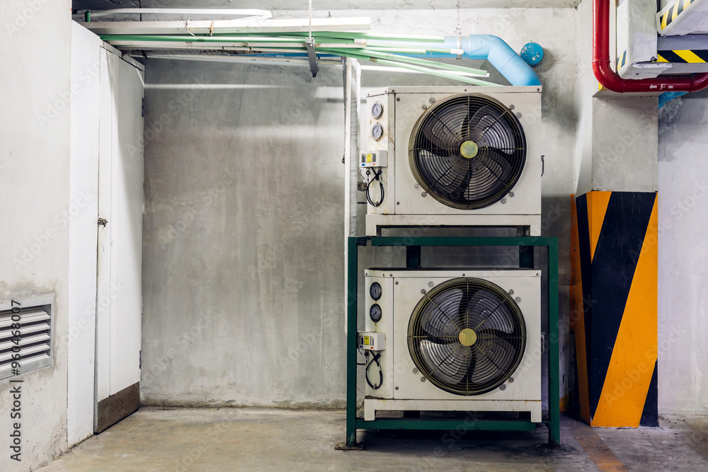 Air conditioner compressor installed in old building. Outdoor split ...