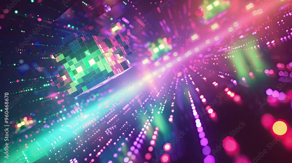 Pixelated space invaders and neon bursts layered with gradients for a ...