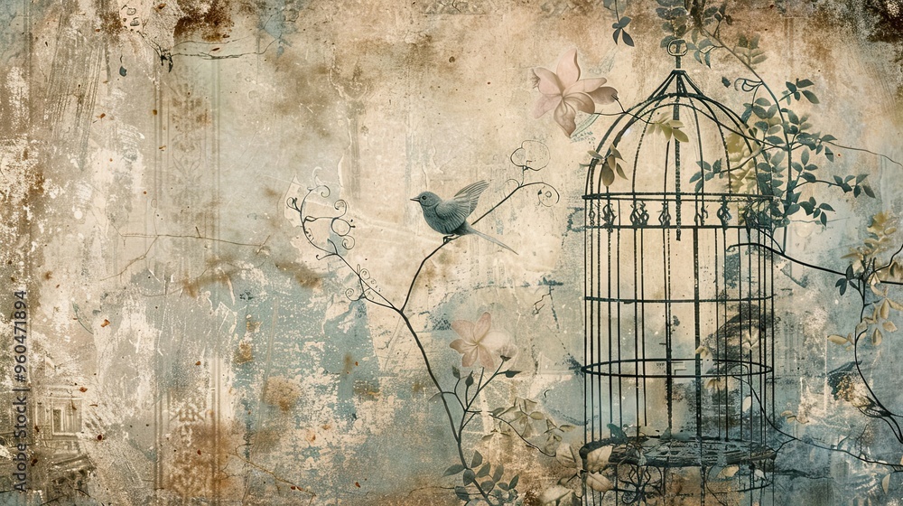Victorian wallpaper with delicate bird and vine designs in pastel ...