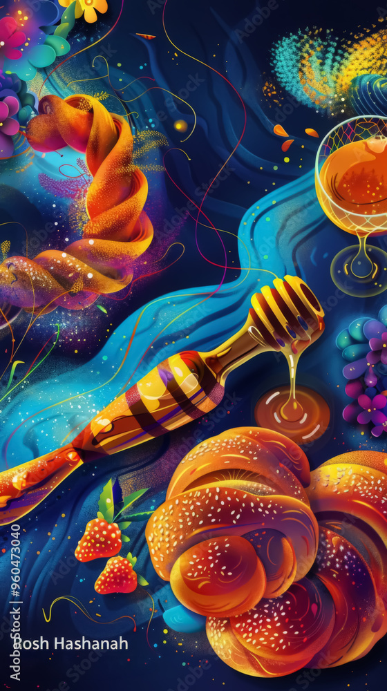 Rosh Hashanah Celebration with Honey and Fresh Challah Bread Stock ...