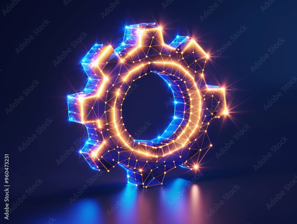 Digital gold 3D gear crank icon in low poly wireframe, smart ai ...
