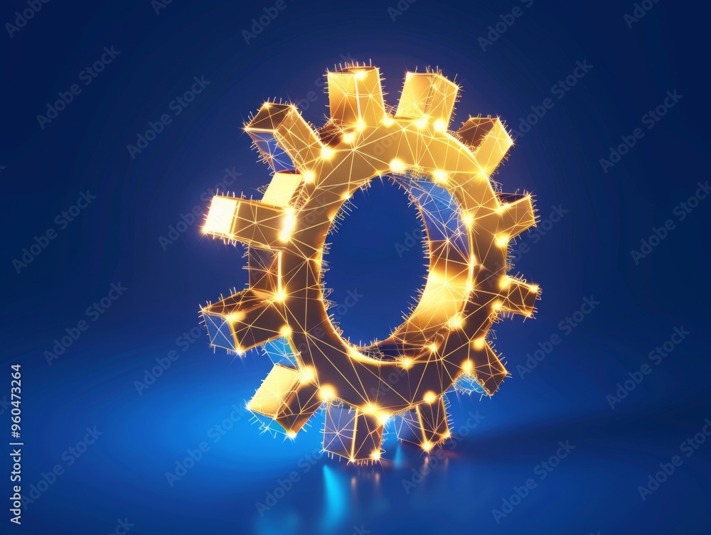 Digital gold 3D gear crank icon in low poly wireframe, smart ai ...