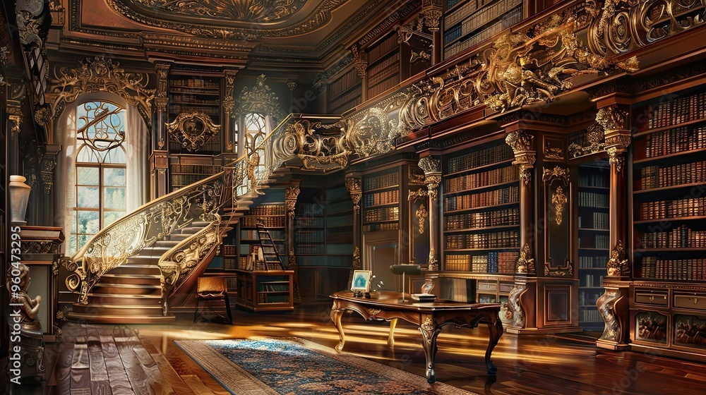 Baroque wallpaper showing a grand library with ornate shelves and ...