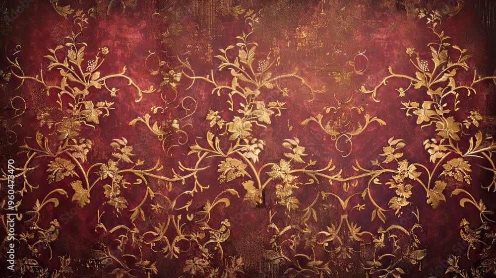 Rich burgundy and gold Baroque brocade backdrop with floral and vine ...