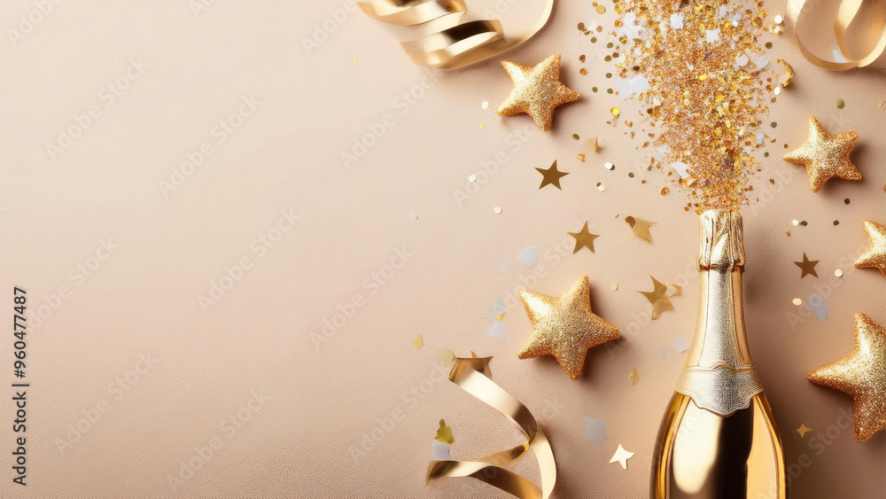 Fundo de celebração com garrafa de champanhe dourada, estrelas ...