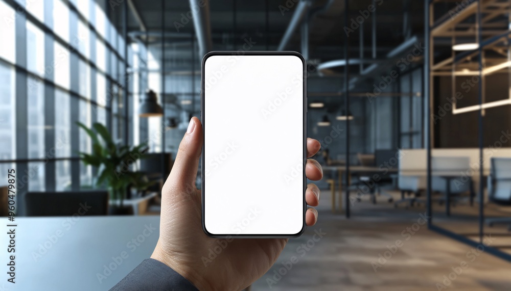 Hand holding mobile phone with a blank screen showcasing device mockup ...