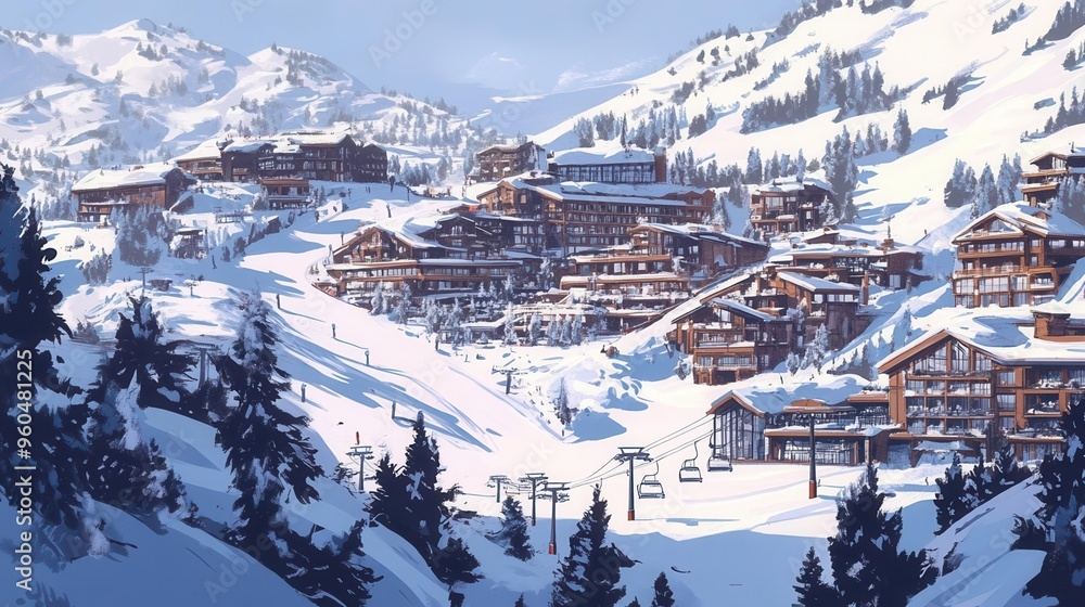 Cutaway of a ski resort revealing lodges, ski lifts, and slopes Stock ...