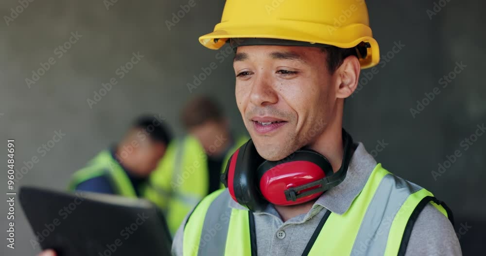 Planning, tablet and engineering with man on construction site for ...
