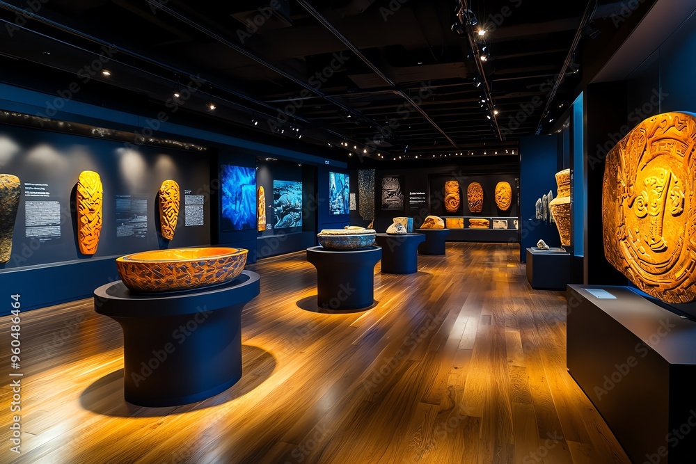 History museum gallery with artifacts from various time periods ...