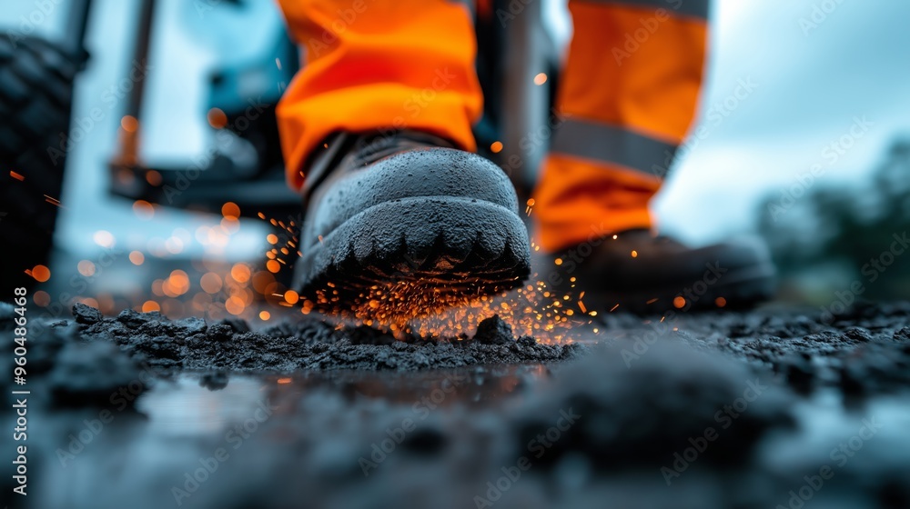 Close-up of construction worker's boot hitting gravel, sparks flying ...
