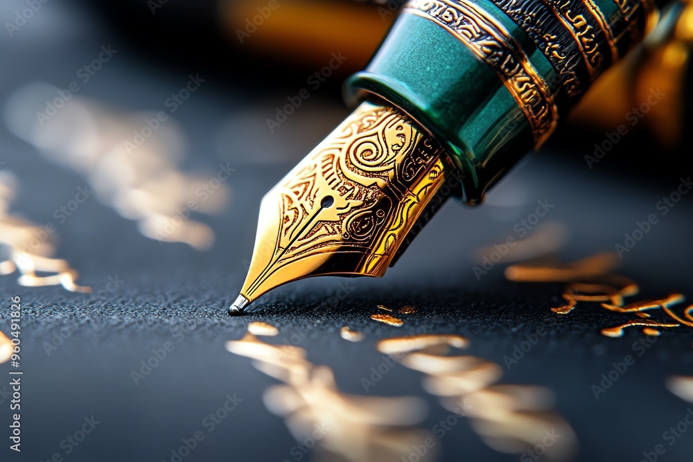 Magnified ink, flowing lines, intricate designs highlight the precision ...