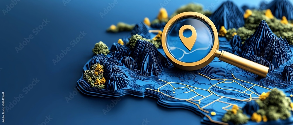 An artistic representation of a magnifying glass over a colorful map ...