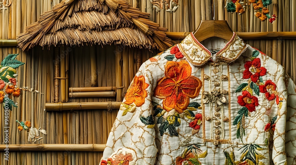 Embroidered Barong Tagalog with small bamboo and nipa hut patterns ...