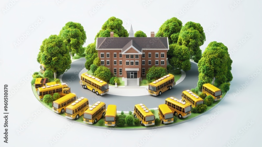 Unity in Education: School Buses Encircling Central School Building ...
