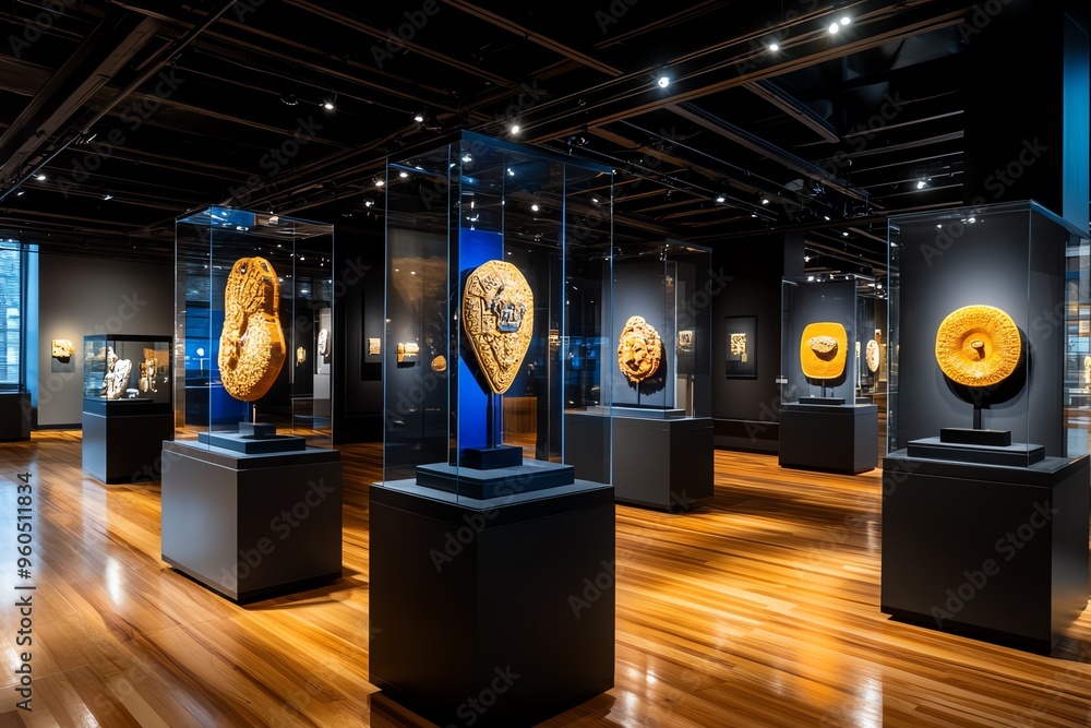 History museum gallery with artifacts from various time periods ...