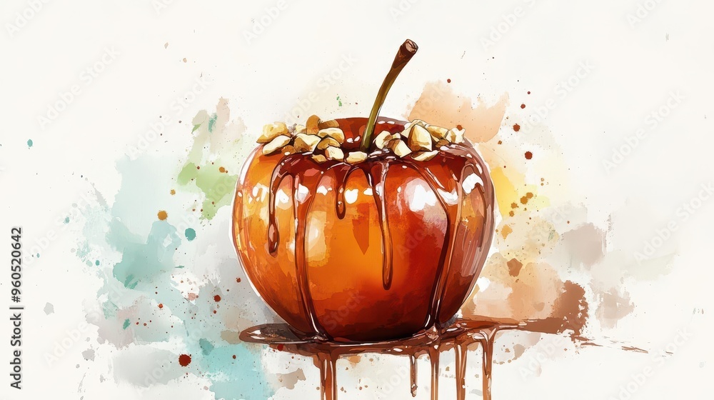 A watercolor of a caramel apple, with a glossy caramel coating and a ...