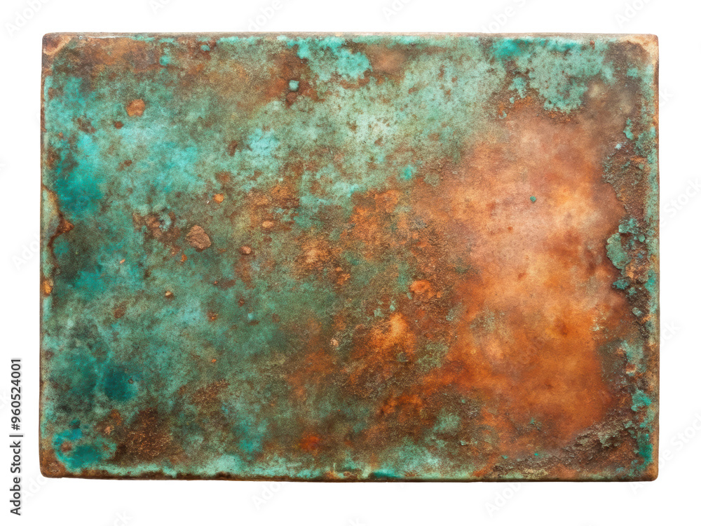 Weathered copper sheet with prominent green patina and visible erosion ...