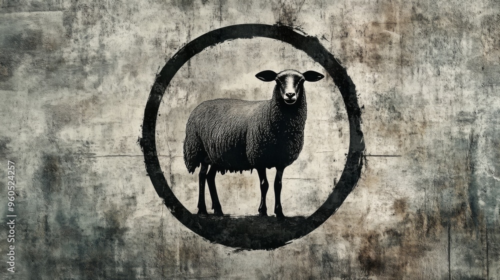 This image depicts a black sheep stencil within a circle on a concrete ...