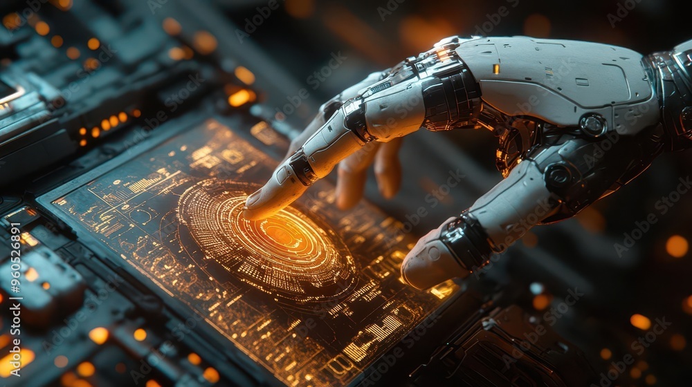 sleek robotic arm interacting with a holographic interface pressing a ...