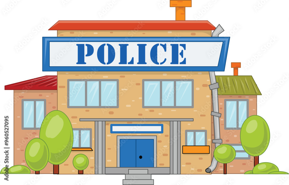 Colorful cartoon police station building with a blue sign, suitable for ...